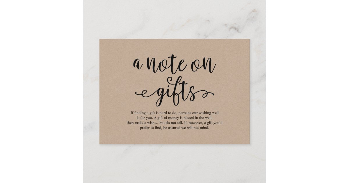 Rustic kraft black script, A note on gifts Enclosure Card | Zazzle