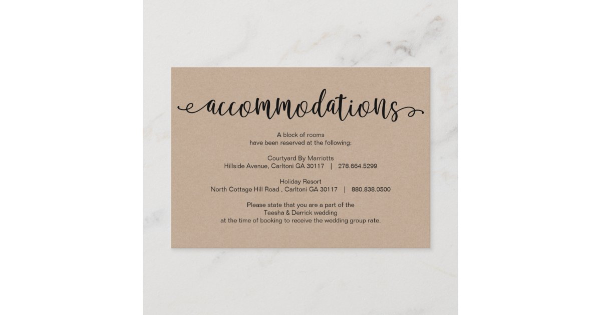 Rustic kraft black Script, Accommodations, hotels Enclosure Card | Zazzle
