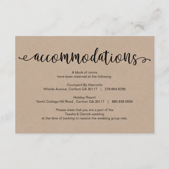 Rustic kraft black Script, Accommodations, hotels Enclosure Card | Zazzle
