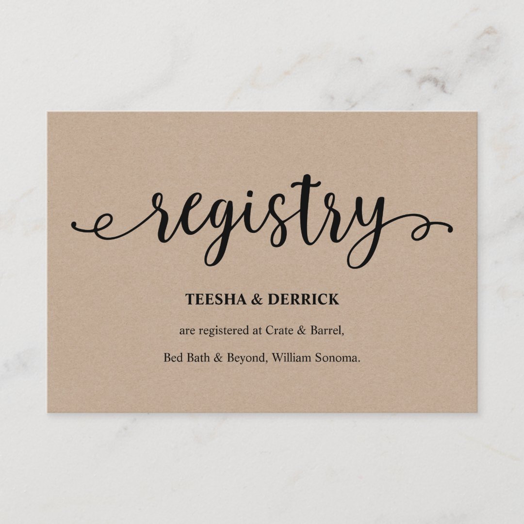 Rustic kraft black script, Wedding Registry Enclosure Card | Zazzle