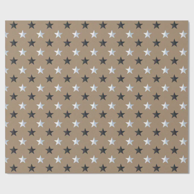 Rustic Kraft Black Silver Stars Holiday Wrapping Paper | Zazzle