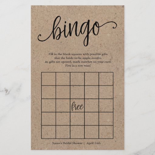 Rustic Kraft Bridal Shower Bingo, Paper Game Card | Zazzle