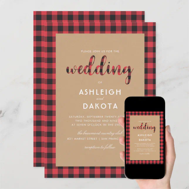 Rustic Kraft & Buffalo Plaid Script Wedding Invitation | Zazzle