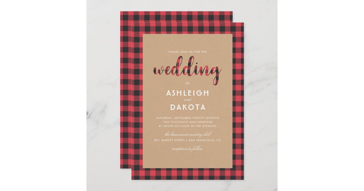 Rustic Kraft & Buffalo Plaid Script Wedding Invitation | Zazzle