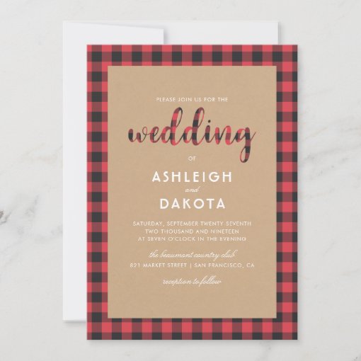 Rustic Kraft & Buffalo Plaid Script Wedding Invitation | Zazzle