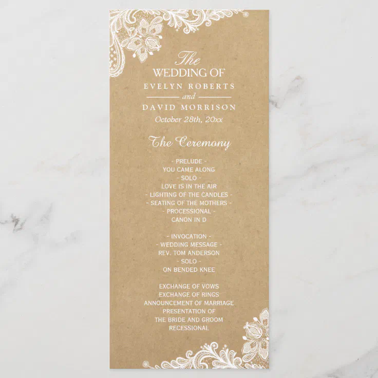 Rustic Kraft Classy White Lace Wedding Program | Zazzle