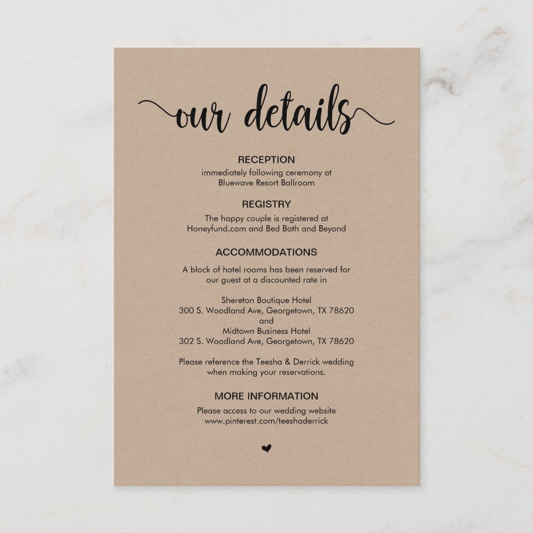 Rustic Kraft, Country, Black ink, Wedding Details Enclosure Card | Zazzle