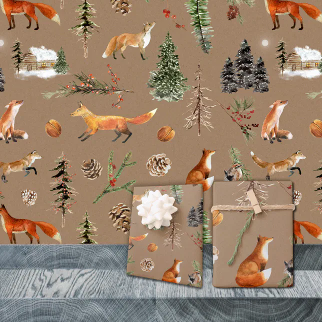 Rustic Kraft Everything Forest Woodland Red Fox Wrapping Paper Sheets ...