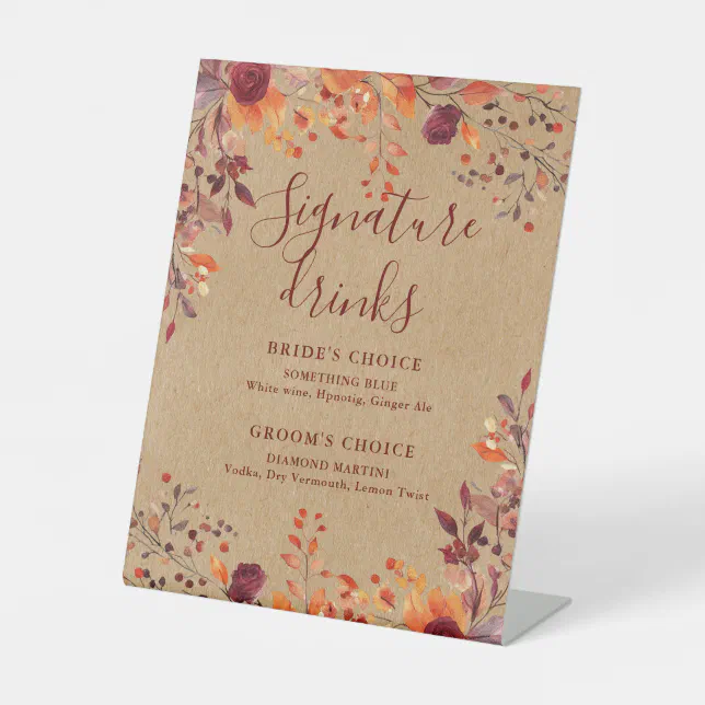 Rustic Kraft Fall Autumnal Floral Signature Drinks Pedestal Sign | Zazzle