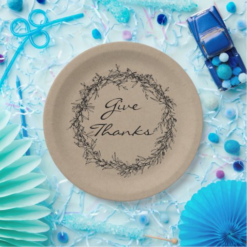 Rustic Kraft Give Thanks Thanksgiving Paper Plate | Zazzle