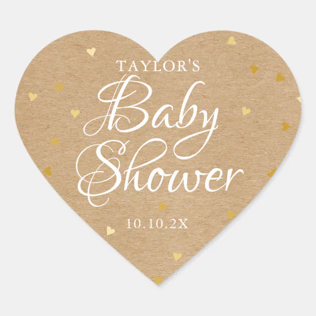 Rustic Kraft Gold Love Hearts Baby Shower Heart Sticker | Zazzle