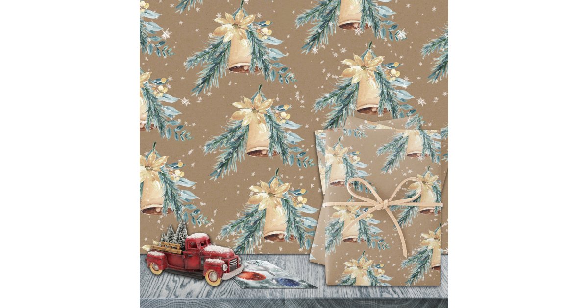 Rustic Kraft Golden Christmas Bells Are Ringing Wrapping Paper Sheets ...