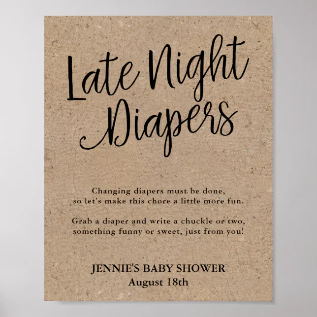 Rustic Kraft Late Night Diaper Shower Activity Poster | Zazzle