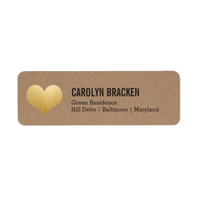 Rustic Kraft Paper Faux Gold Foil Heart Wedding Label | Zazzle