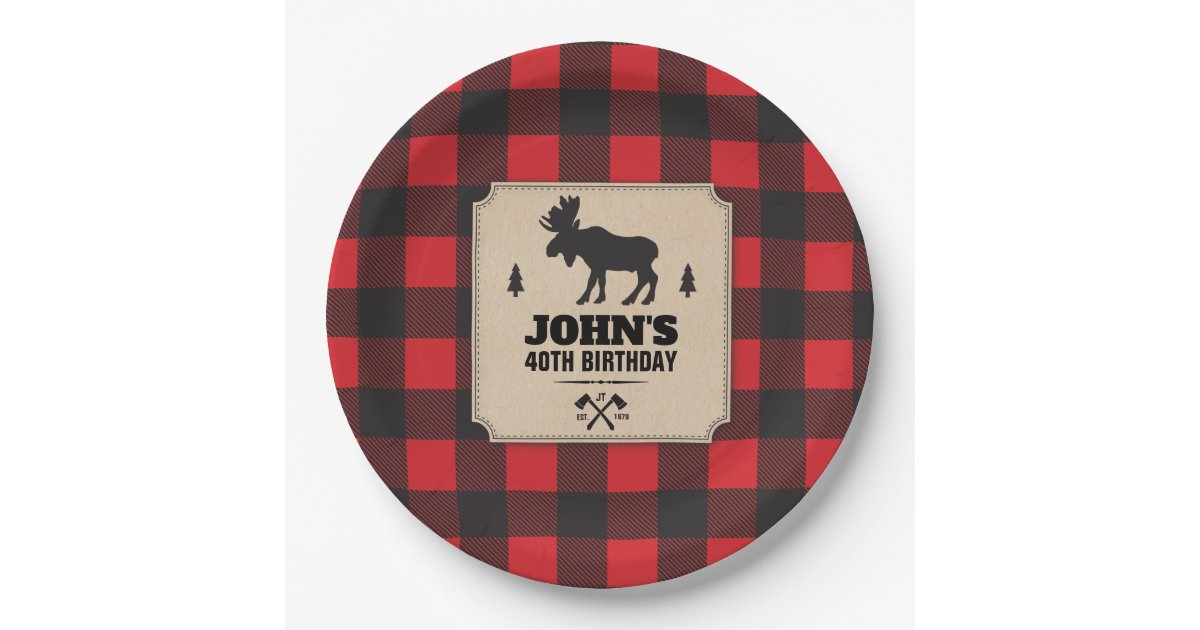 Rustic Kraft Paper Look Buffalo Plaid with Moose Paper Plates | Zazzle