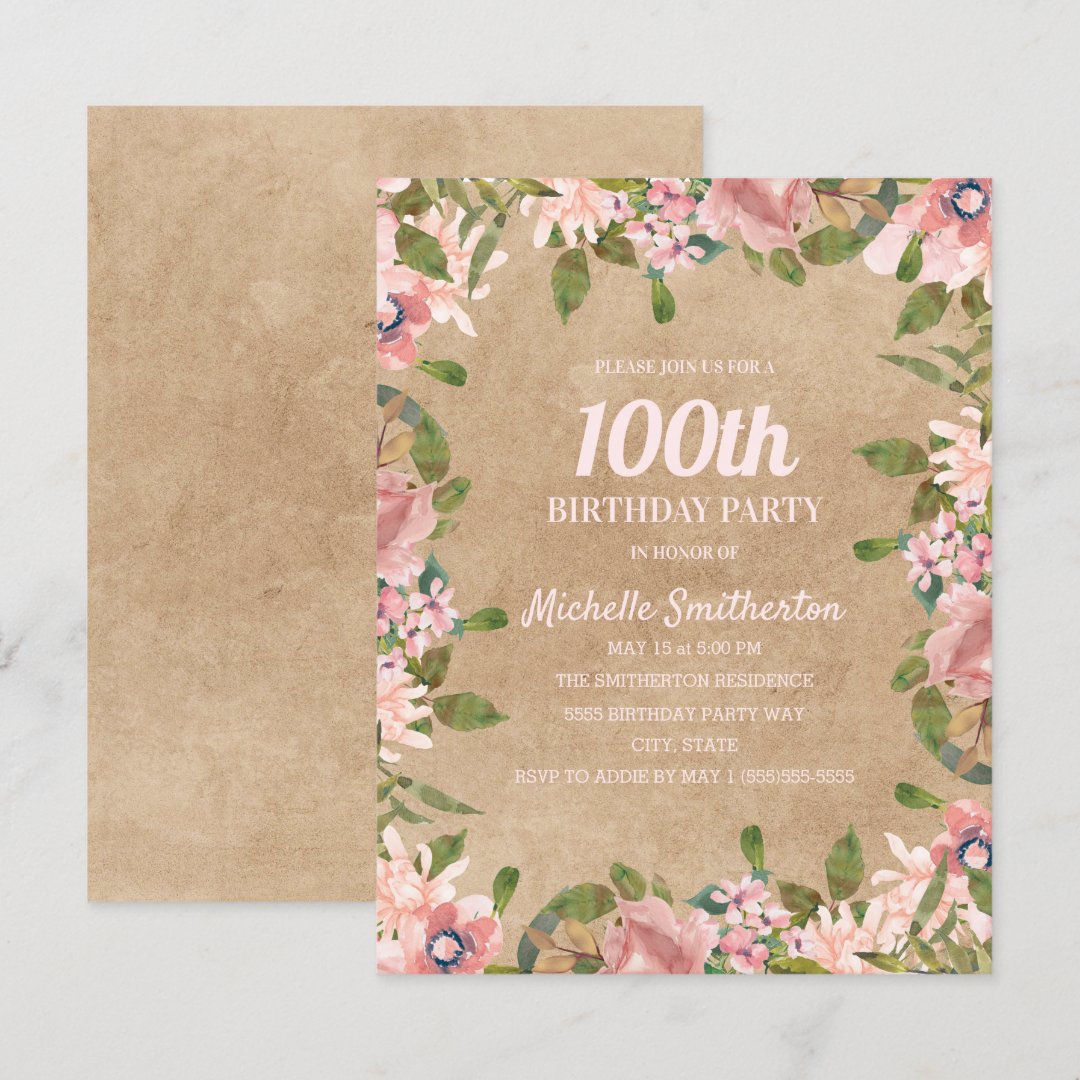 Rustic Kraft Pink Watercolor Floral 100th Birthday Invitation | Zazzle