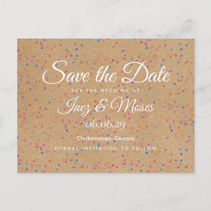 Rustic Kraft Rainbow Confetti Save the Date Postcard | Zazzle