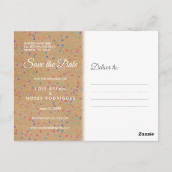 Rustic Kraft Rainbow Confetti Save the Date Postcard | Zazzle