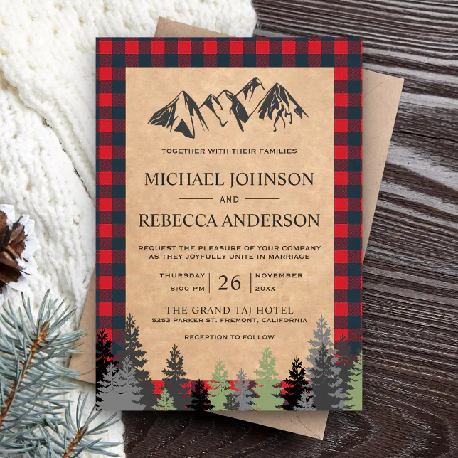 Rustic Kraft Red Buffalo Plaid Mountain Wedding Invitation | Zazzle