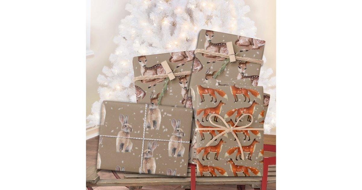 Rustic Kraft Red Fox Doe Hare & Snowflakes Wrapping Paper Sheets | Zazzle