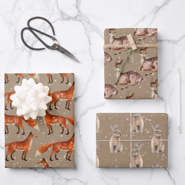 Rustic Kraft Red Fox Doe Hare & Snowflakes Wrapping Paper Sheets | Zazzle