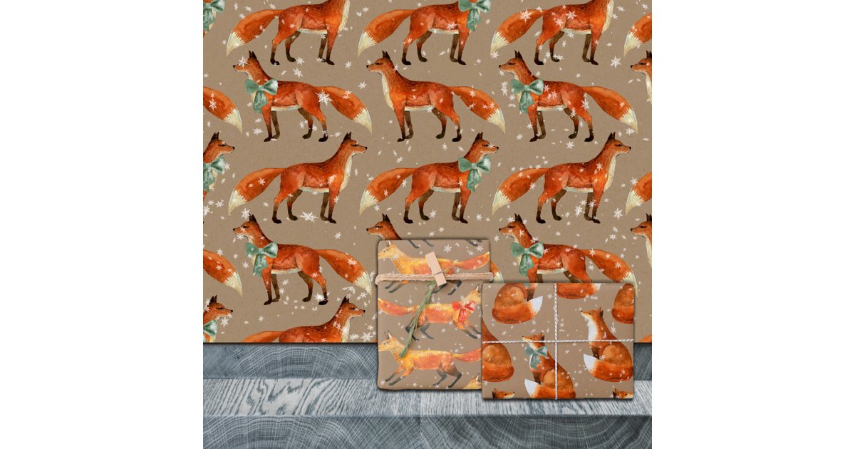 Rustic Kraft Red Fox With Bows And Snowflakes Wrapping Paper Sheets ...