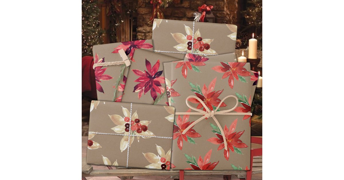 Rustic Kraft Red & White Foral Holiday Poinsettia Wrapping Paper Sheets ...