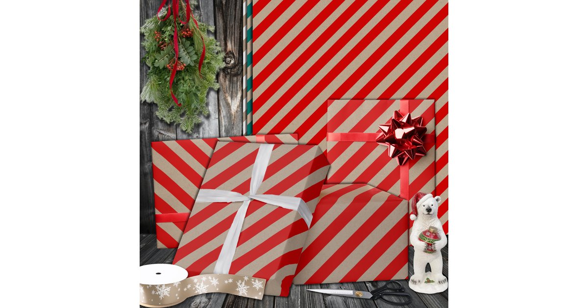 Rustic Kraft Red Wide Stripe Holiday Wrapping Paper | Zazzle
