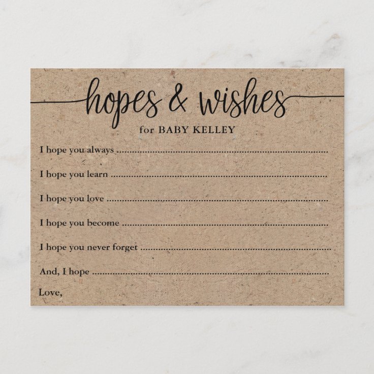 Rustic Kraft Script Baby Hopes & Wishes Card | Zazzle