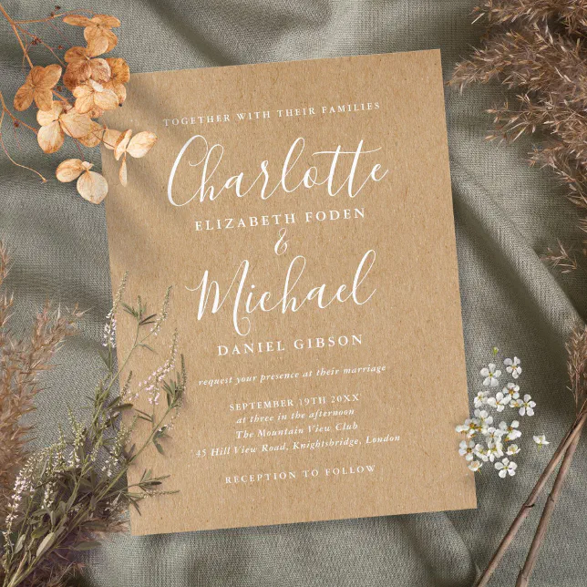 Rustic Kraft Signature Script Wedding Invitation Postcard | Zazzle