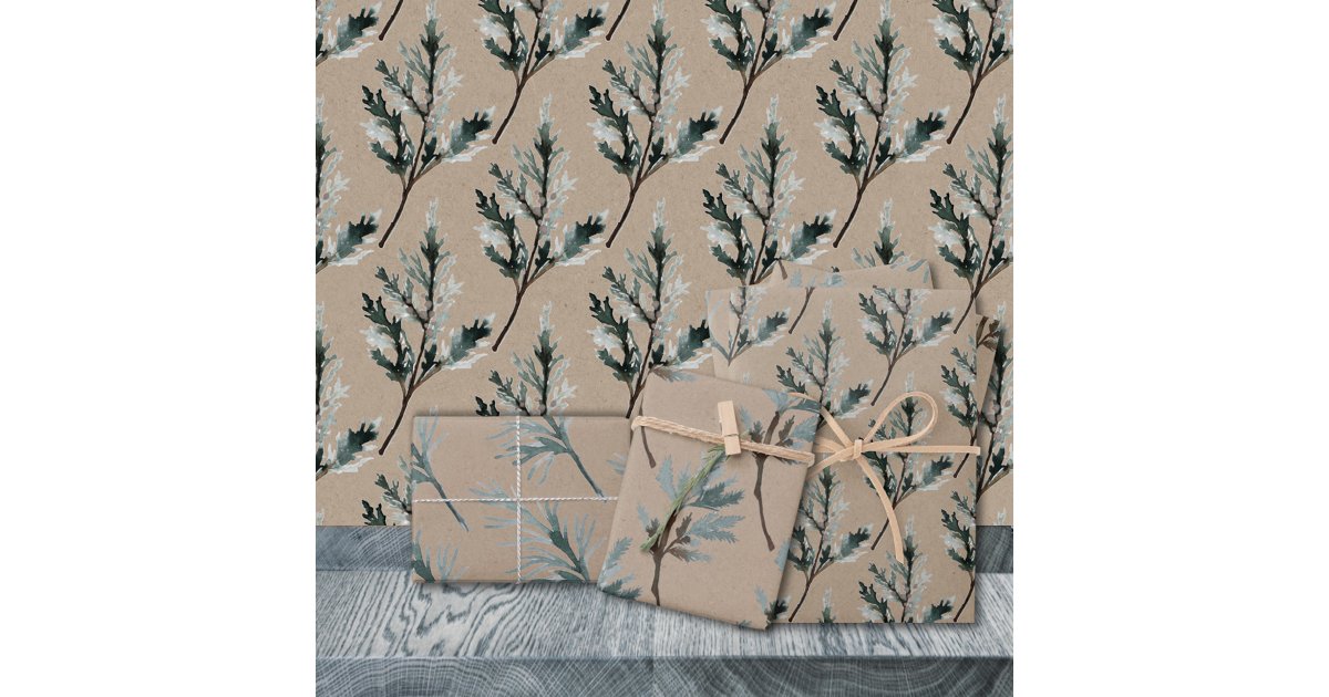Rustic Kraft Silver Blue Spruce Tree Branches Wrapping Paper Sheets ...