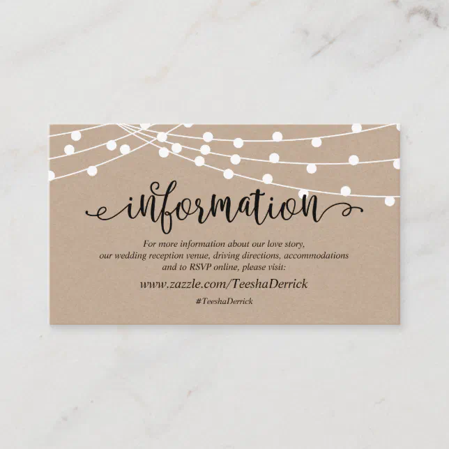 Rustic kraft string light, Wedding Details website Enclosure Card | Zazzle