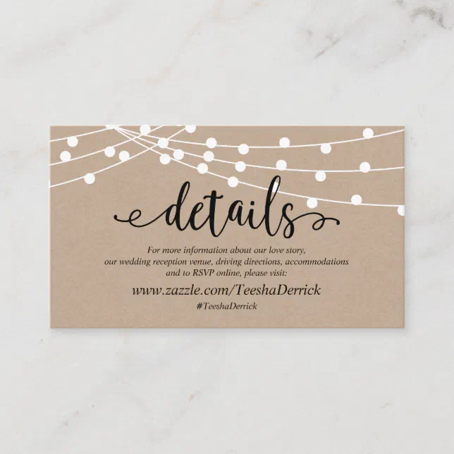 Rustic kraft string light, Wedding Details website Enclosure Card | Zazzle