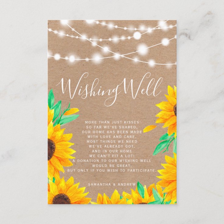 Rustic kraft string lights sunflowers wishing well enclosure card | Zazzle