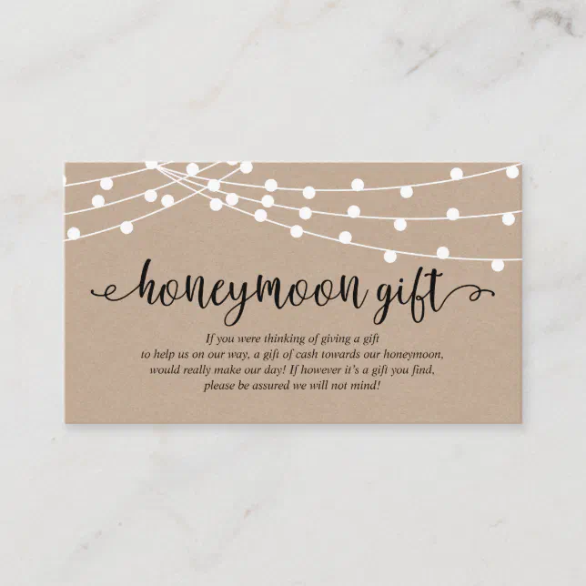 Rustic kraft string lights, Wedding Honeymoon Gift Enclosure Card | Zazzle