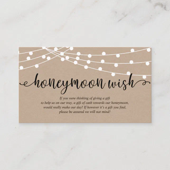 Rustic kraft string lights, Wedding Honeymoon Wish Enclosure Card | Zazzle