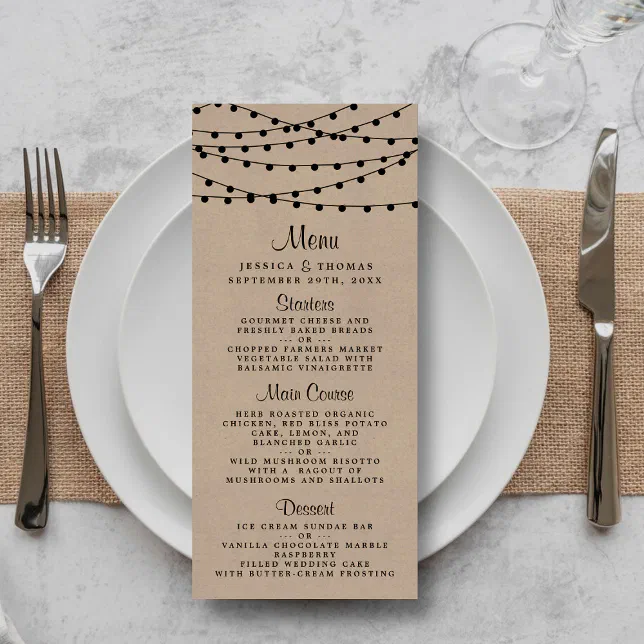 Rustic Kraft String Lights Wedding Menu | Zazzle