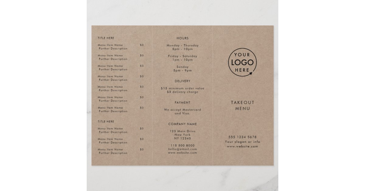 Rustic Kraft Takeout | Restaurant Takeaway Menu | Zazzle