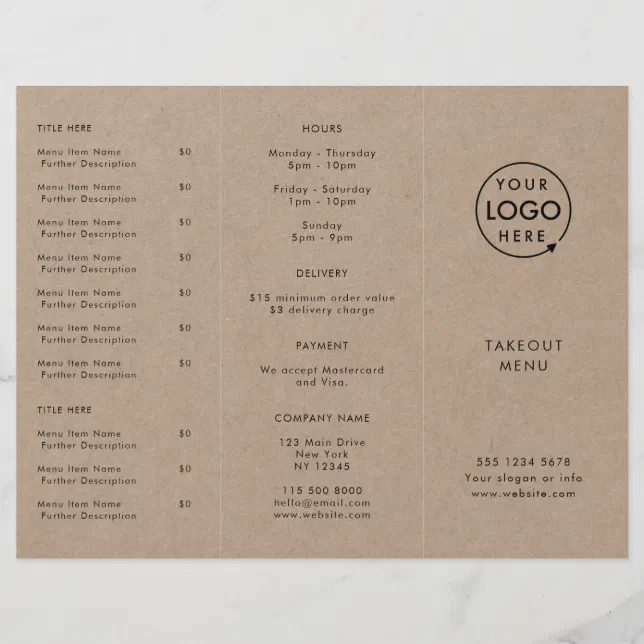 Rustic Kraft Takeout | Restaurant Takeaway Menu | Zazzle