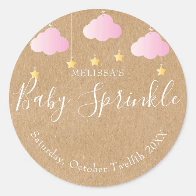 Rustic kraft twinkle sprinkle baby shower pink classic round sticker ...