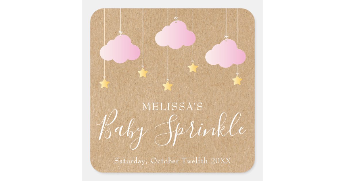 Rustic Kraft Twinkle Sprinkle Baby Shower Pink Square Sticker | Zazzle