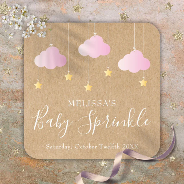Rustic Kraft Twinkle Sprinkle Baby Shower Pink Square Sticker | Zazzle