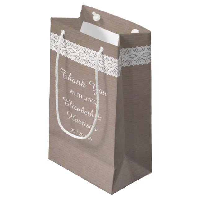Rustic Kraft & Vintage White Lace Wedding Small Gift Bag | Zazzle