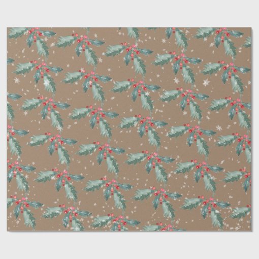 Rustic Kraft Watercolor Painted Christmas Holly Wrapping Paper | Zazzle