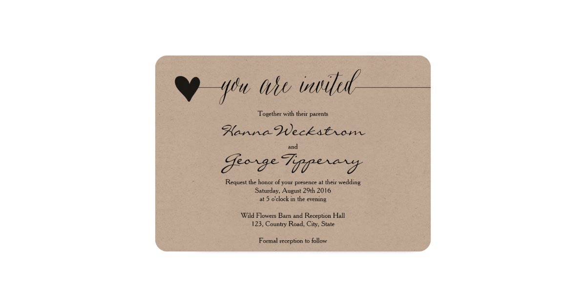 Rustic Kraft Wedding invite, heart calligraphy Invitation | Zazzle.com