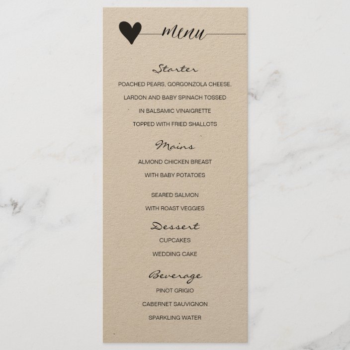 Rustic kraft Wedding Menu heart calligraphy | Zazzle.com