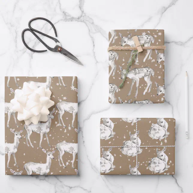 Rustic Kraft White Baby Doe Reindeers Snowflakes Wrapping Paper Sheets ...