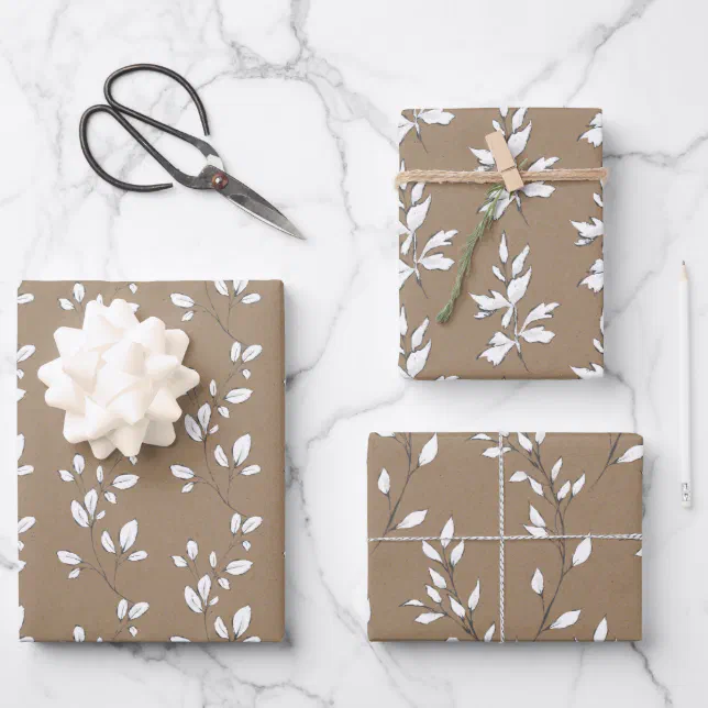 Rustic Kraft White Stem Leaf Greenery Wrapping Paper Sheets | Zazzle