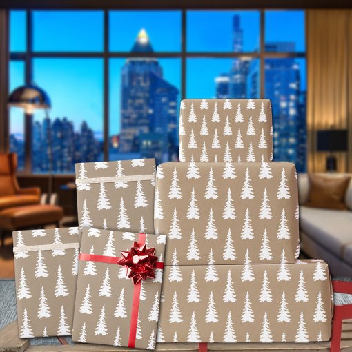 Rustic Kraft White Woodland Christmas Trees Wrapping Paper | Zazzle
