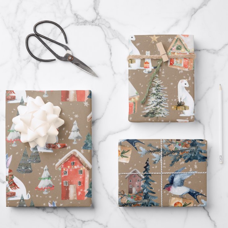 Rustic Kraft Winter Holiday Gift-Giving Animals Wrapping Paper Sheets ...